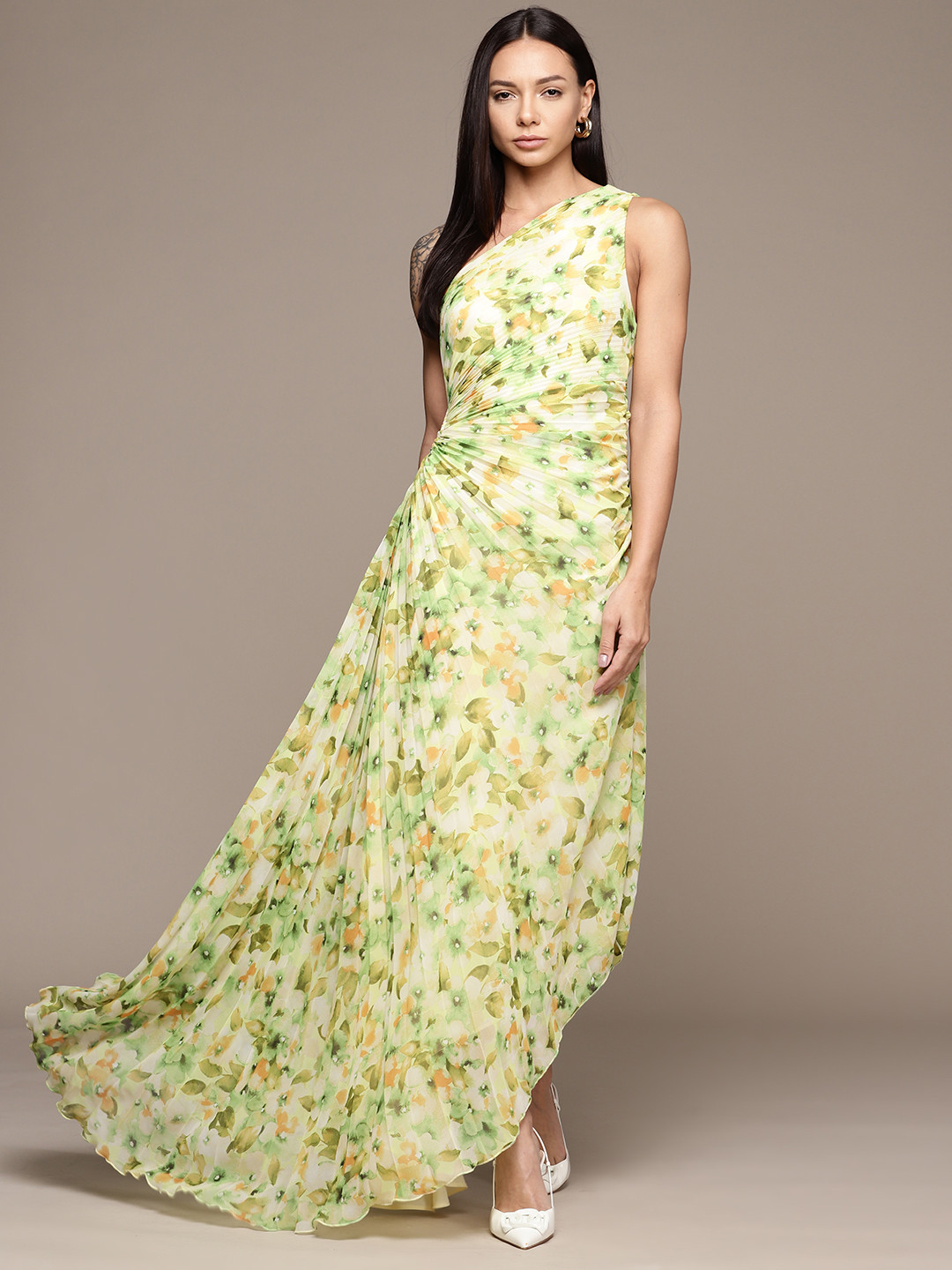 Buy MANGO Green & Cream Coloured Floral Print One Shoulder Maxi Dress ...