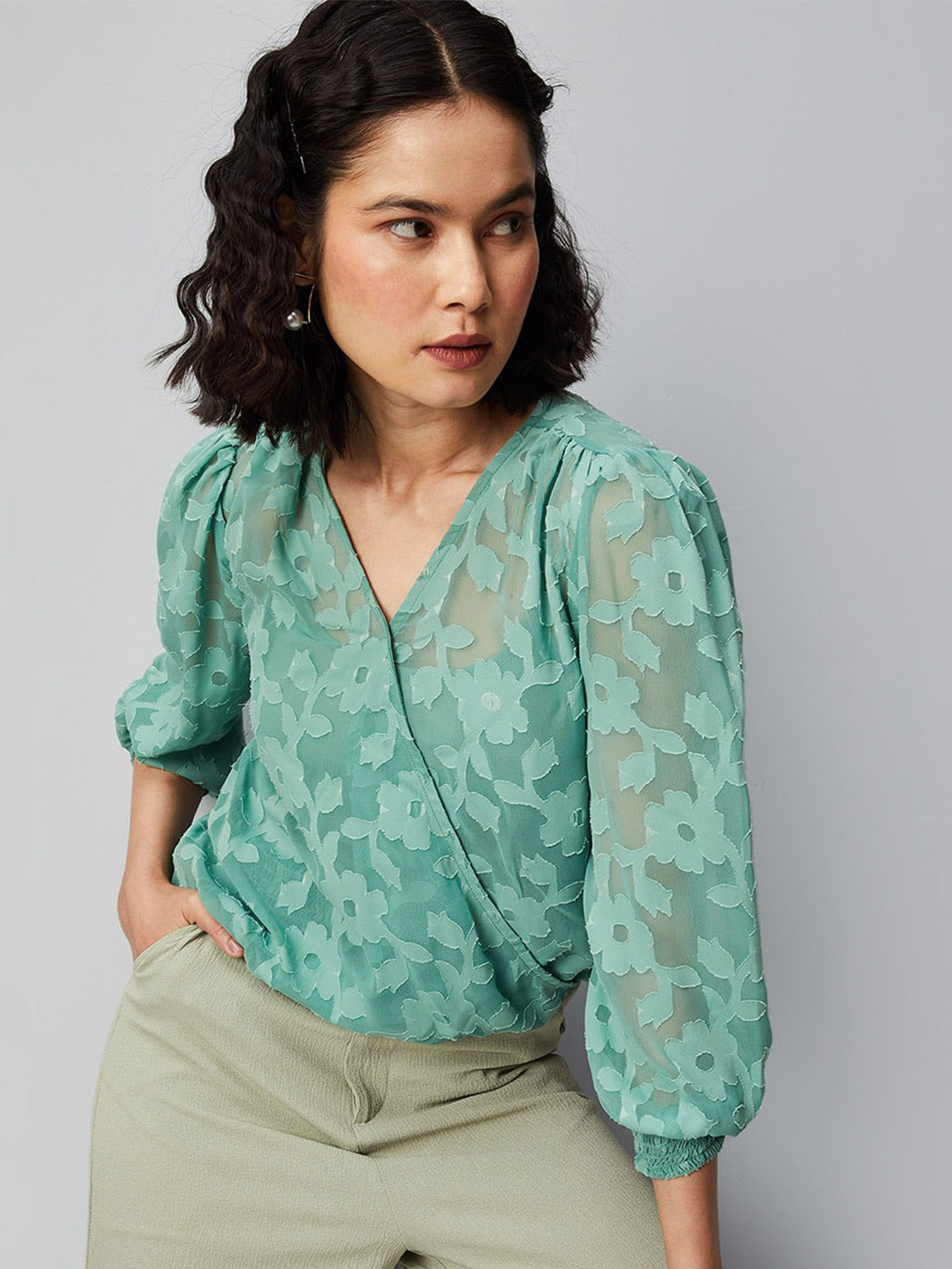 Buy Max Floral Self Design Puff Sleeves Wrap Top - Tops for Women ...