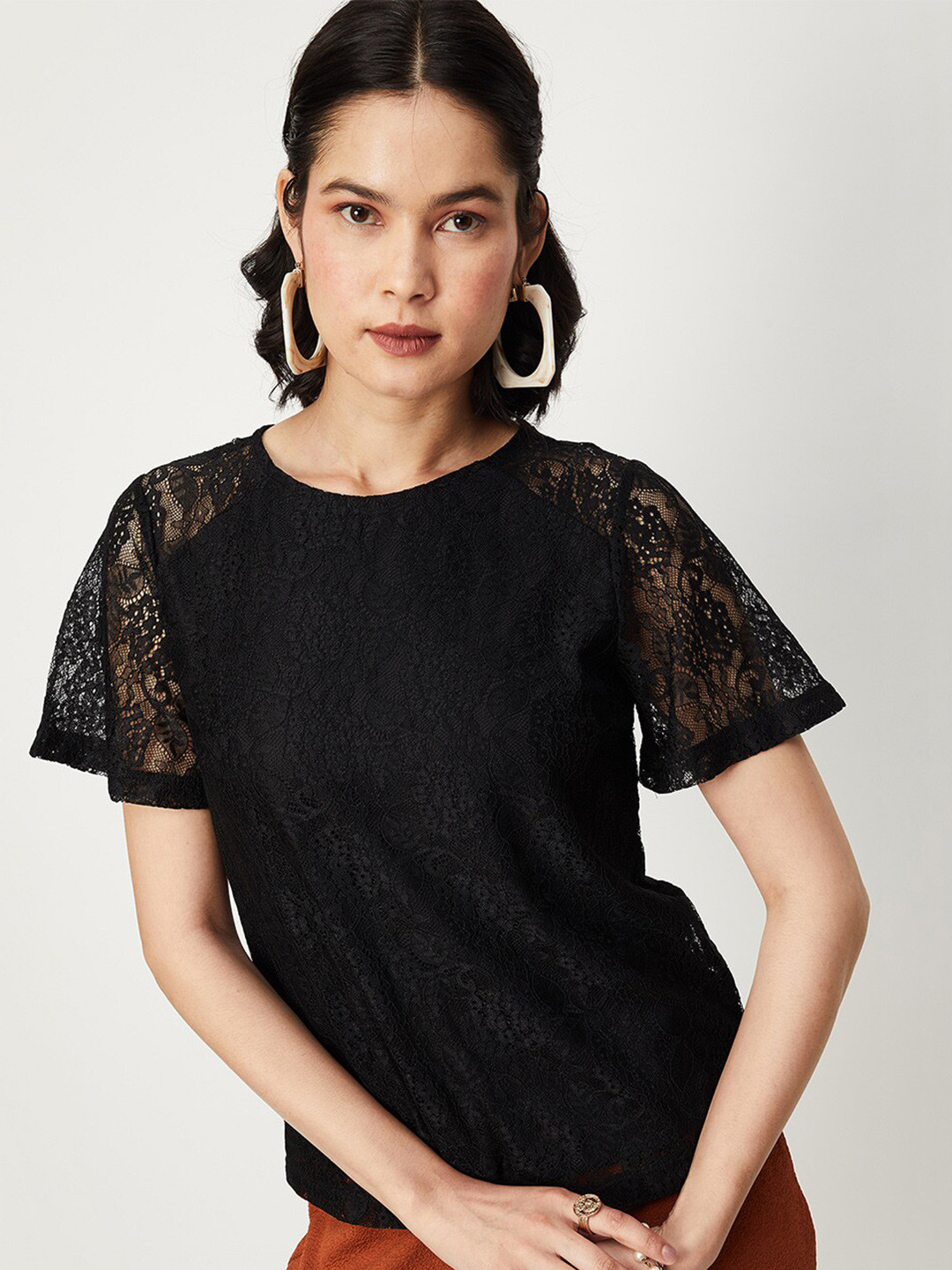 Buy Max Self Design Floral Round Neck Raglon Sleeve Cotton Top - Tops ...