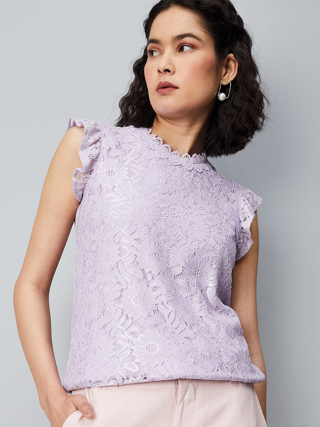 Buy Max Self Design Flutter Sleeve Lace Up Cotton Top - Tops for Women ...