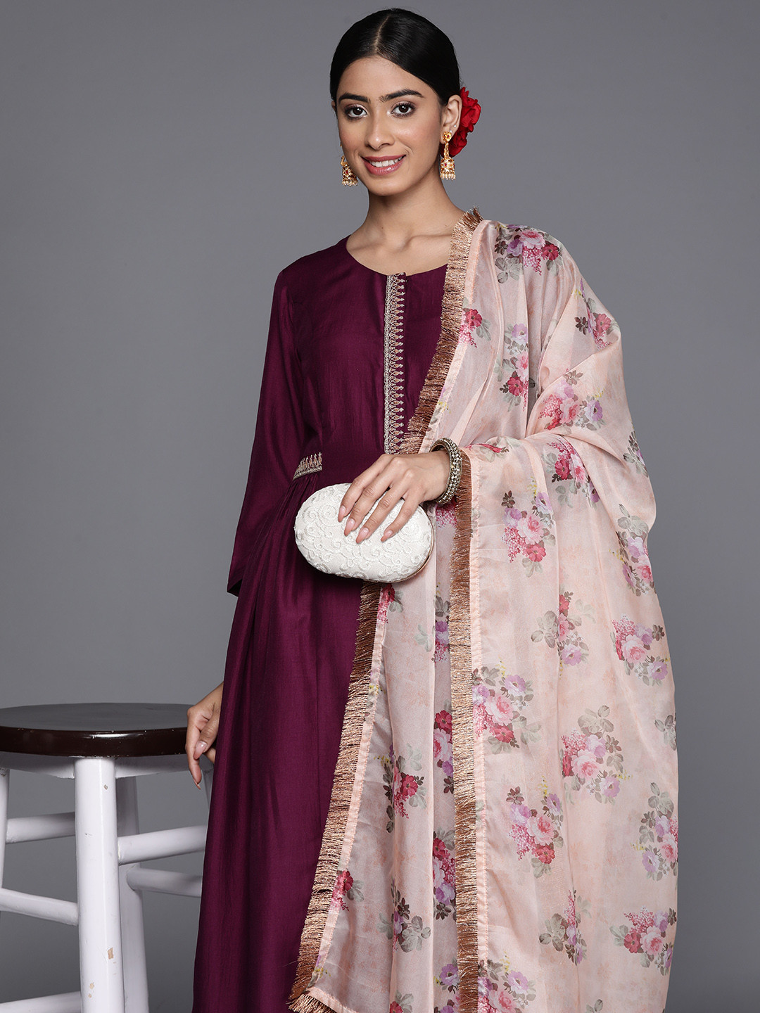 Buy Varanga Ethnic Motifs Zari Embroidered Regular Kurta With Trousers ...