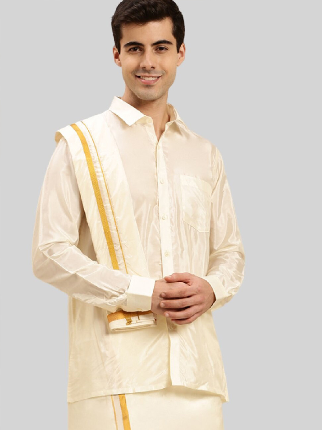 Buy Ramraj Men Art Silk Shirt & Dhoti & Angavastram With Belt Set ...