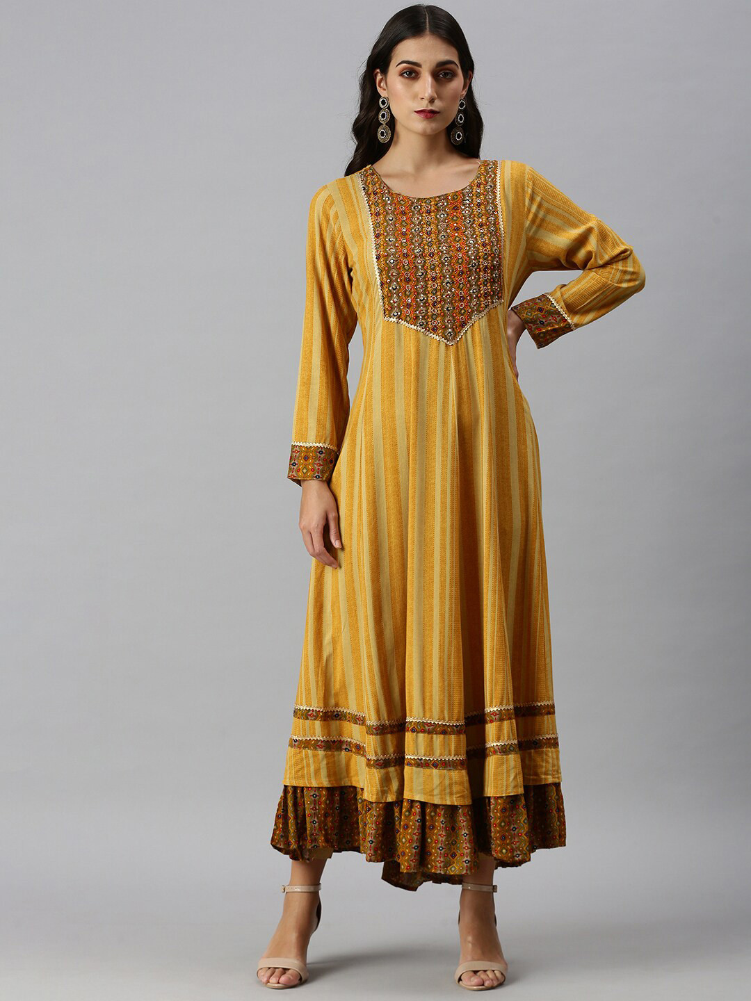 Buy SHOWOFF Striped Embroidered A Line Ethnic Dress Ethnic Dresses buy-showoff-striped-embroidered-a-line-ethnic-dress-ethnic-dresses