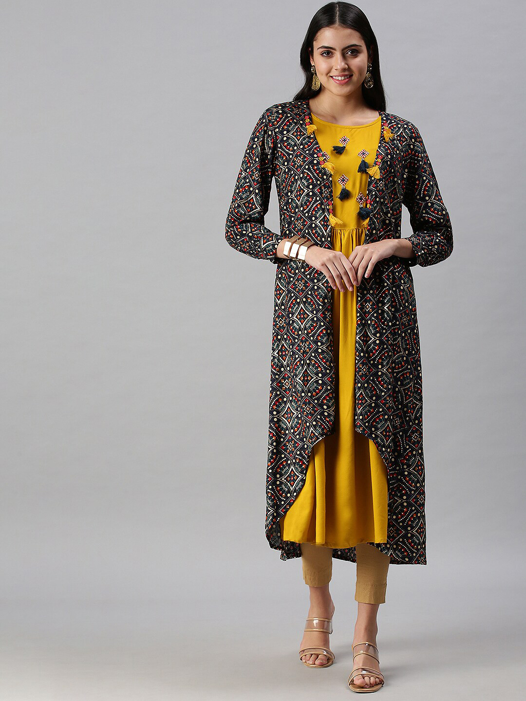 Buy SHOWOFF Sleeveless Cotton A Line Kurta With Printed Longline Jacket ...