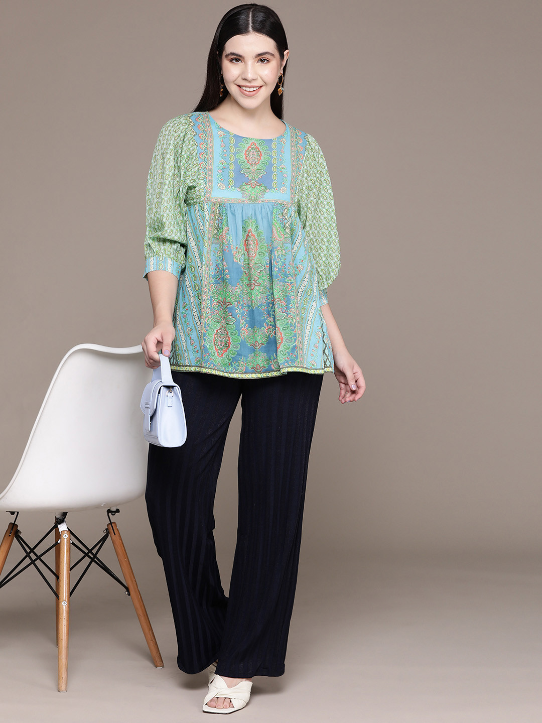 Buy Aarke Ritu Kumar Paisley Printed Pure Cotton Pleated Kurti - Kurtis ...