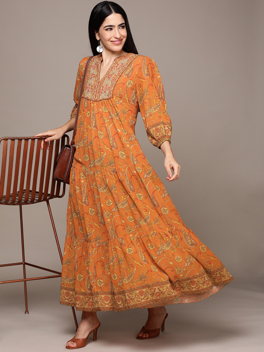 Buy Ritu Kumar Floral Print Bishop Sleeve Ethnic A Line Maxi Dress ...