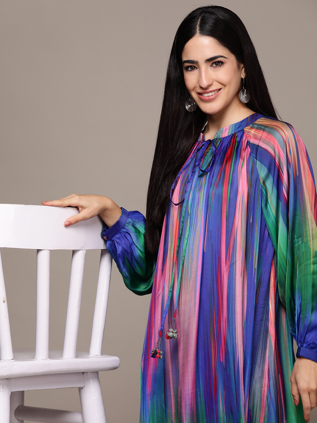 Buy Ritu Kumar Print Tie Up Neck Puff Sleeves Satin A Line Maxi Dress ...