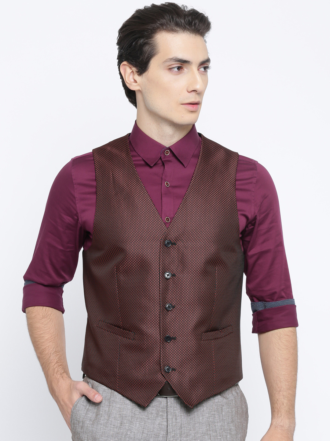 Buy Theme Men Red & Black Self Design Waistcoat - Waistcoat for Men ...