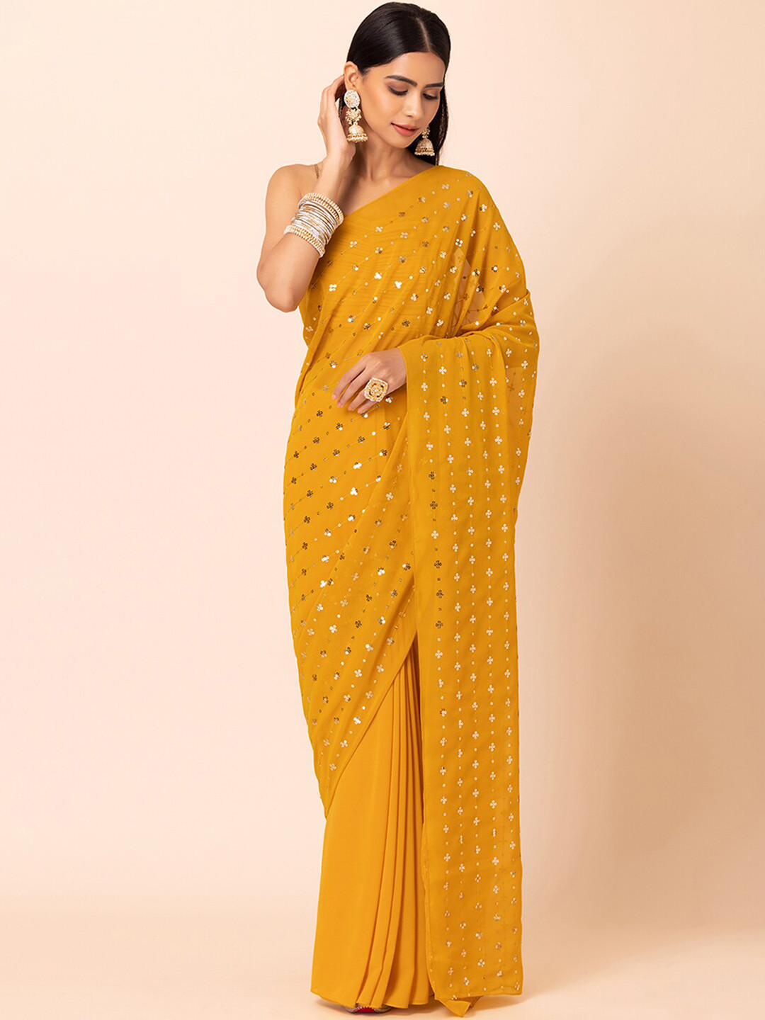 Buy INDYA Floral Embroidered Mirror Work Saree - Sarees for Women ...