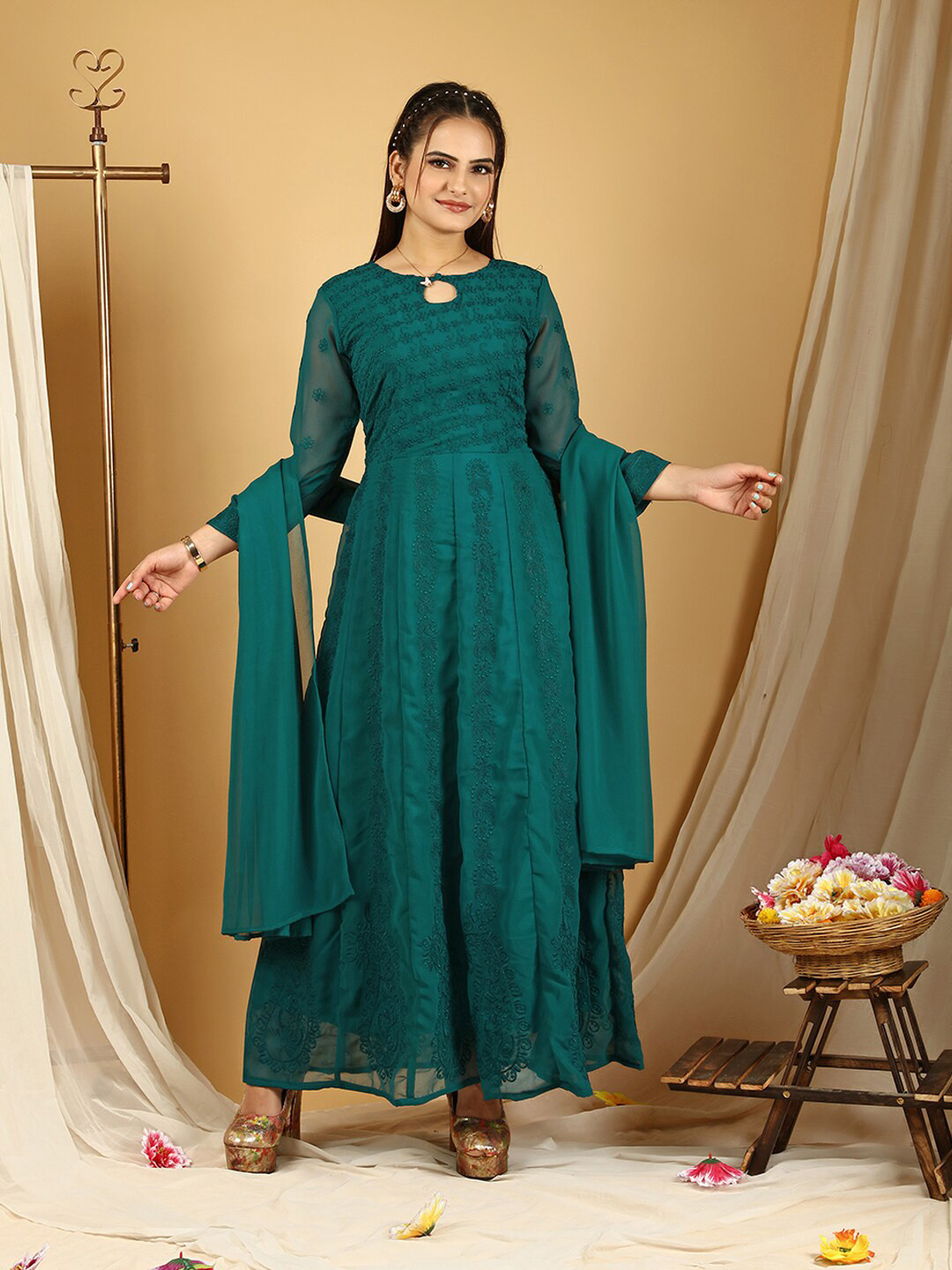 Buy Virah Fashion Keyhole Neck Embroidered Georgette Anarkali Kurta ...