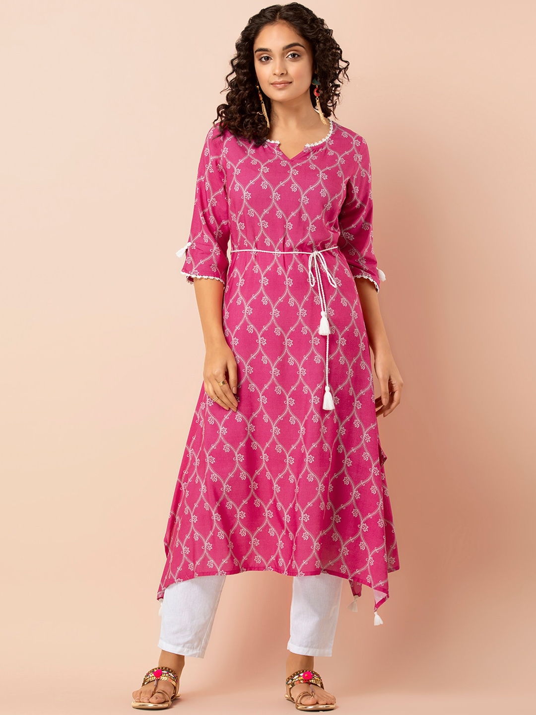 Buy Indya Ethnic Motif Printed Notched Neck High Low Hemline Kurta