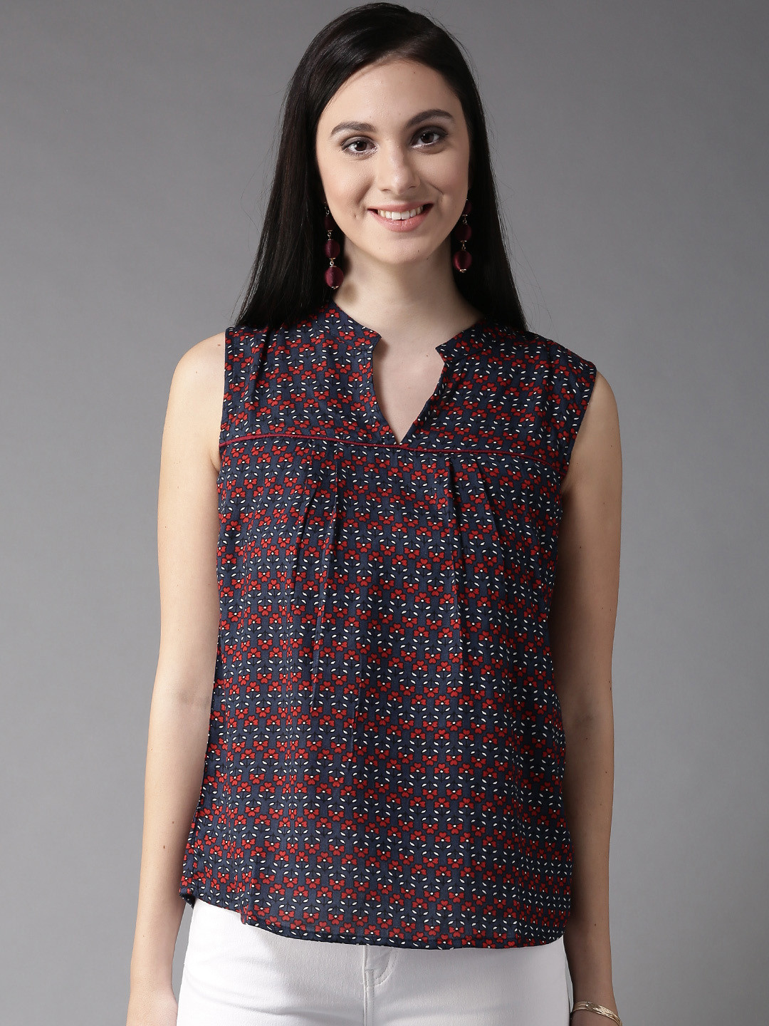 Buy HERE&NOW Women Navy & Red Printed A Line Top - Tops for Women ...