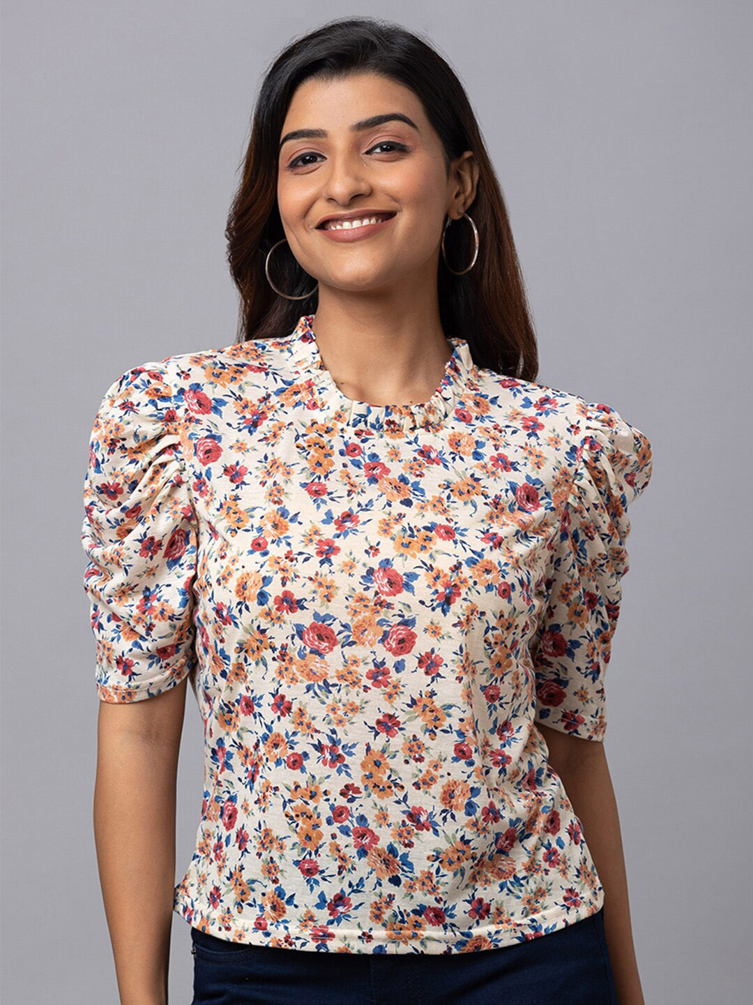 Buy Globus Floral Printed High Neck Puff Sleeves Top - Tops for Women ...