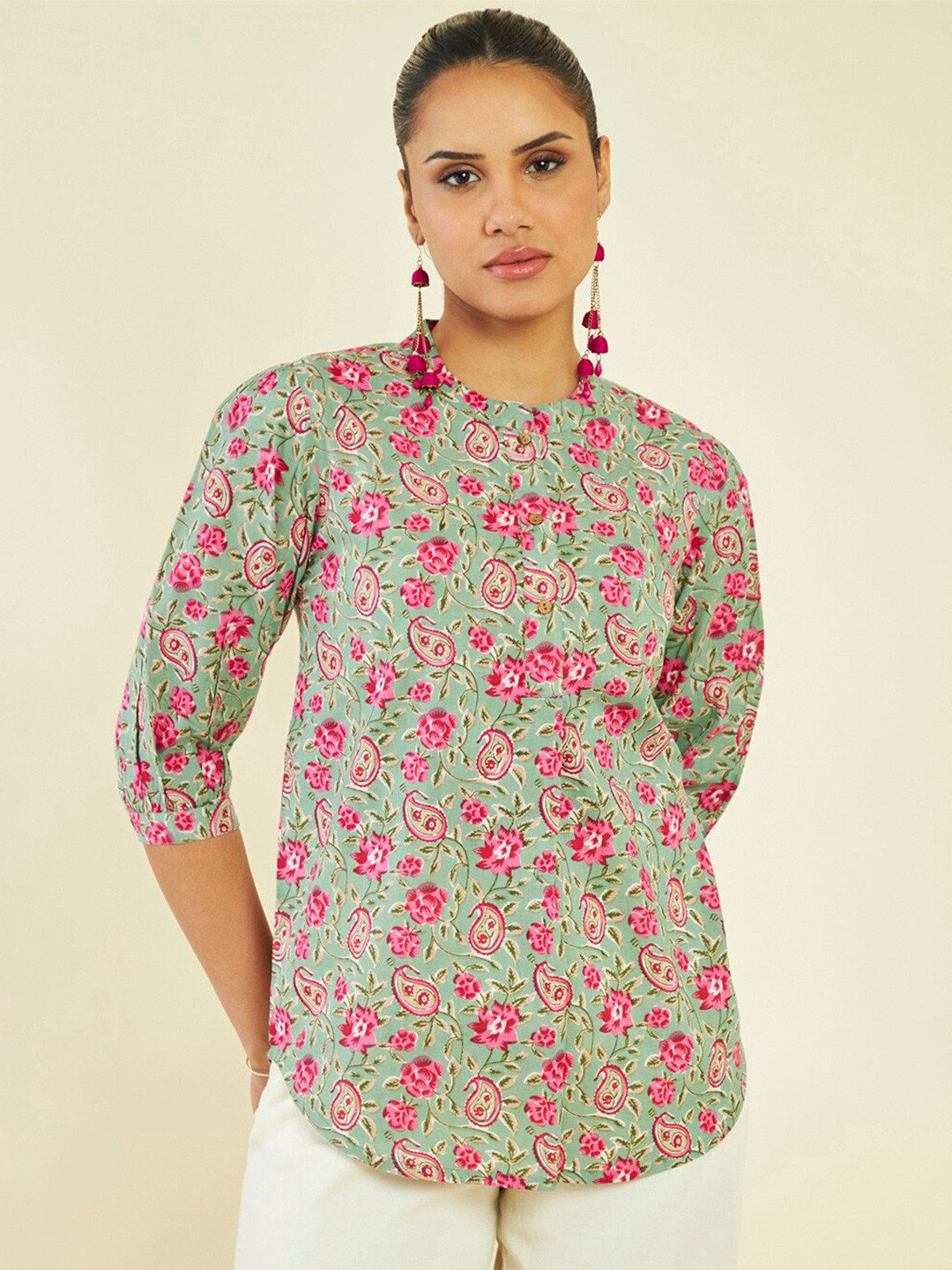 Buy Soch Floral Printed Mandarin Collar Cotton Top - Tops for Women ...