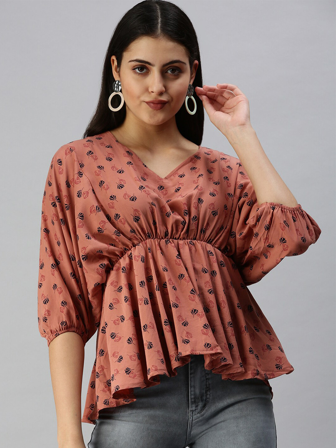 Buy SHOWOFF Floral Printed V Neck Batwing Sleeves Empire Top - Tops for ...