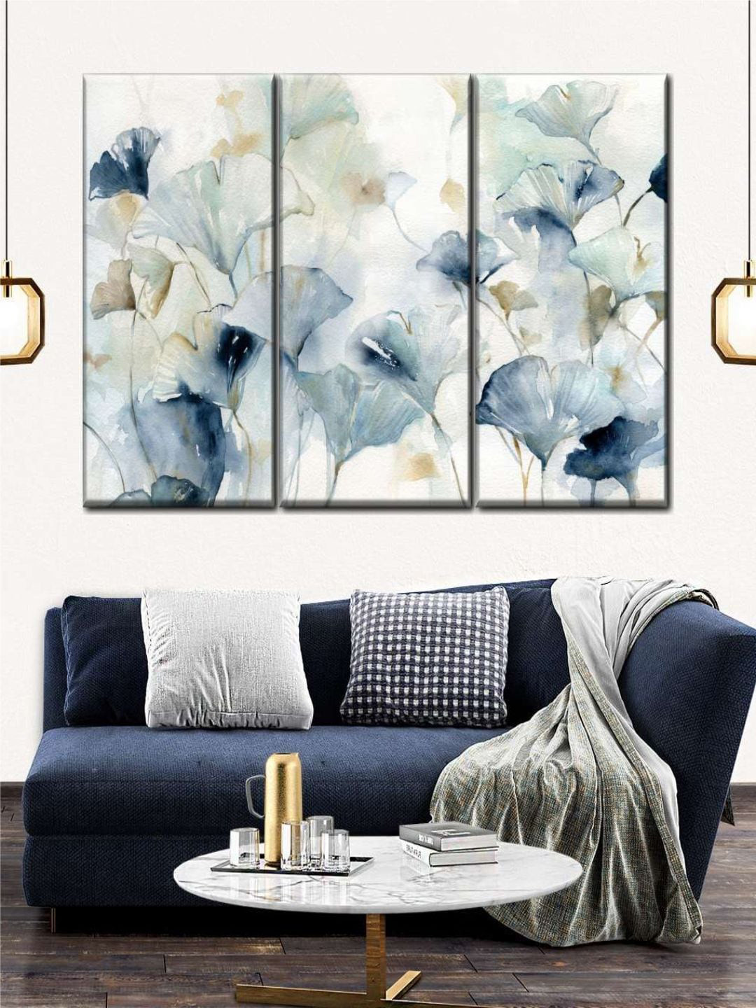 Buy POSTERS AND TRUSS 3 Pcs Blue Floral Foyer Printed Framed Wall ...