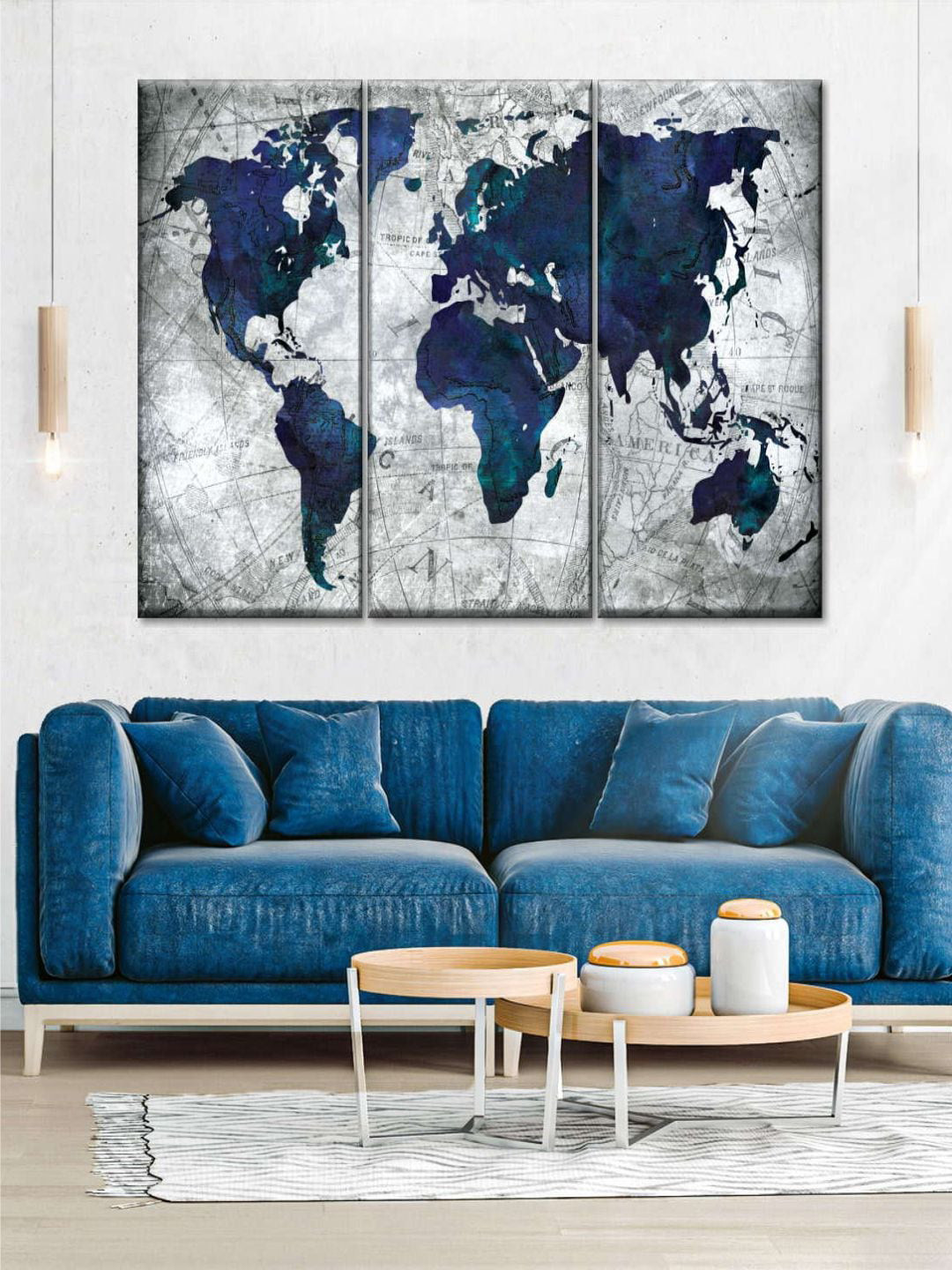 Buy POSTERS AND TRUSS 3 Pcs Grey & Blue World Map Framed Wall Painting ...