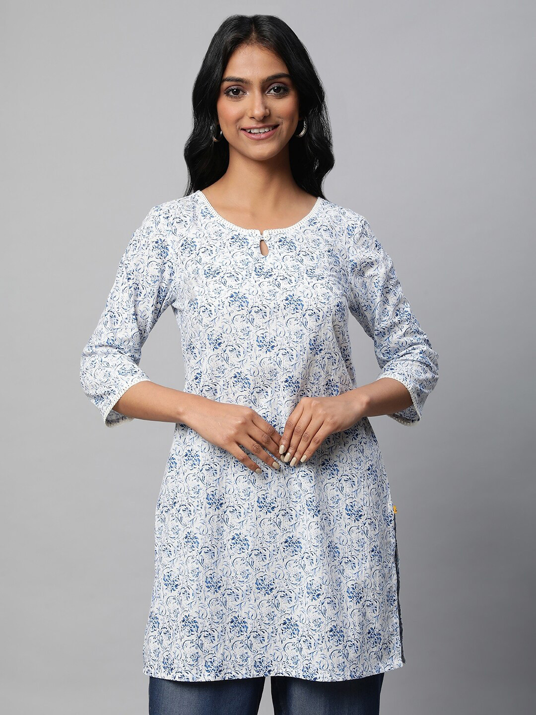 Buy AURELIA Ethnic Motifs Printed Keyhole Neck Kurti - Kurtis for Women ...