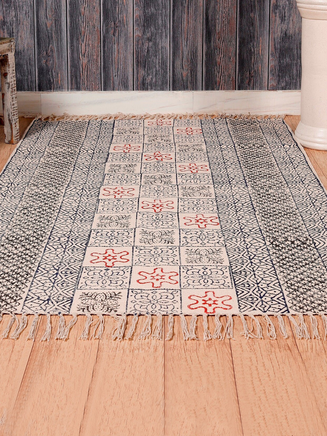 Buy HANDICRAFT PALACE Beige & Black Hand Block Printed Cotton Carpet ...