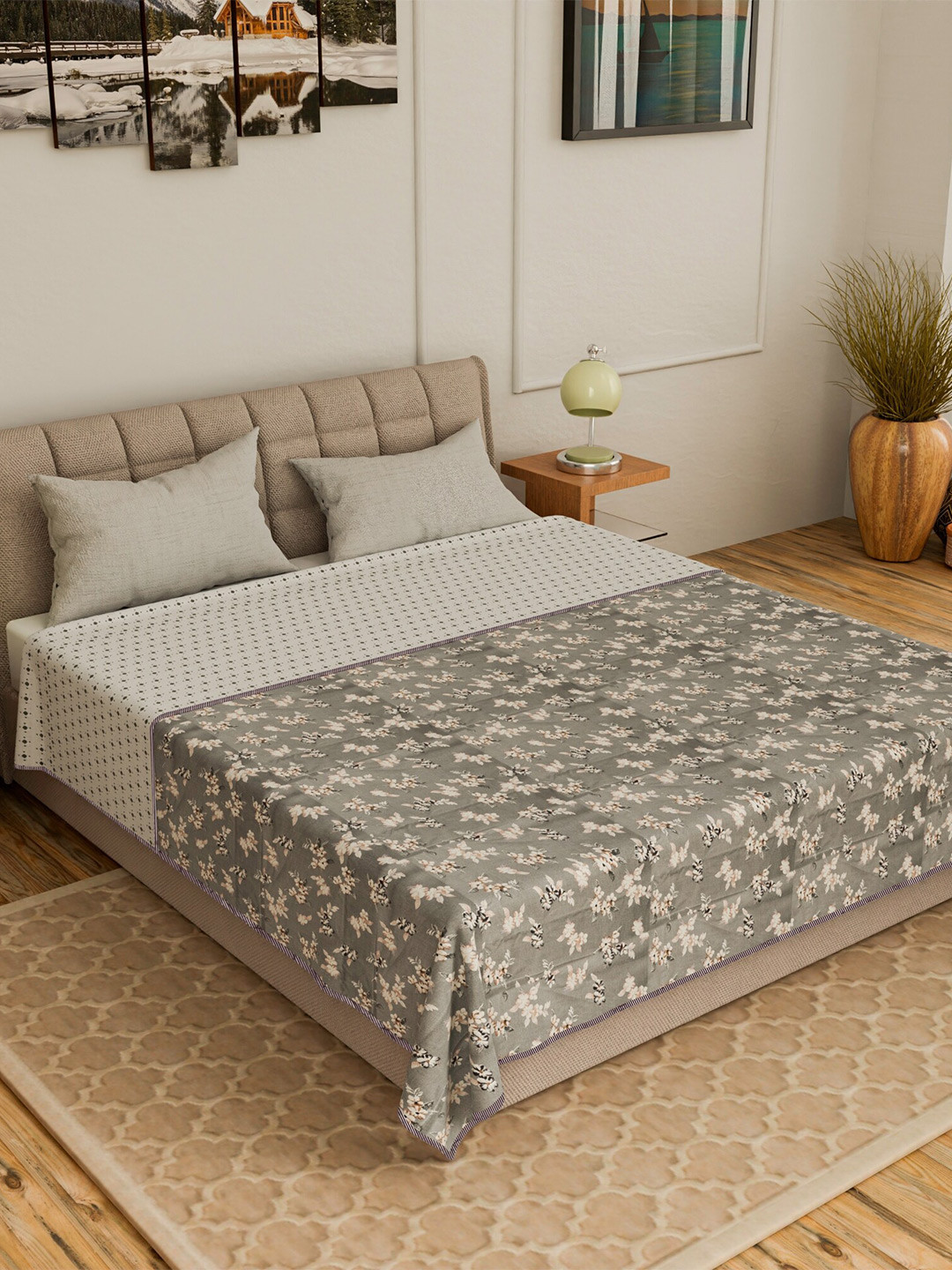 Buy CURIOUS LIFESTYLE Grey & White Floral Summer 150 GSM Reversible ...