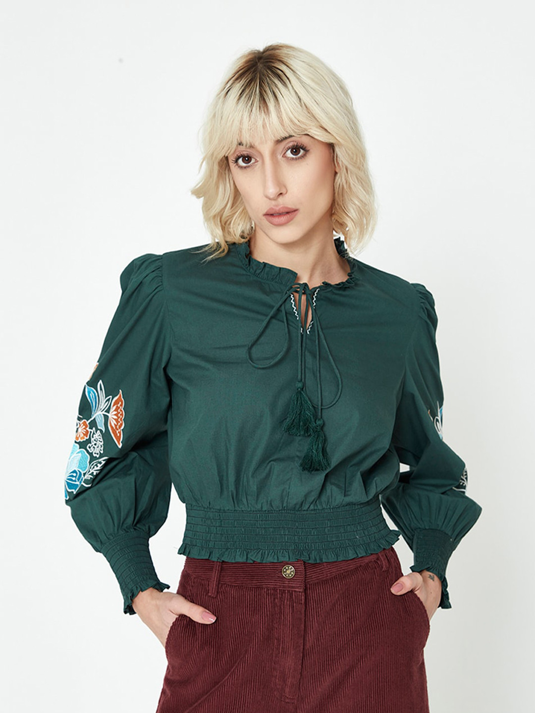 Buy COVER STORY Tie Up Neck Cuff Sleeve Embroidered Blouson Top - Tops ...