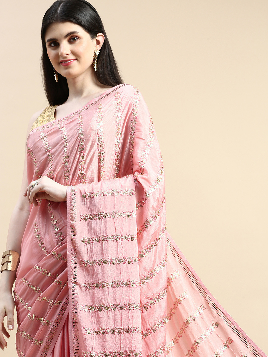 Buy Kasee Embroidered Striped Sequinned Pure Crepe Saree - Sarees for ...