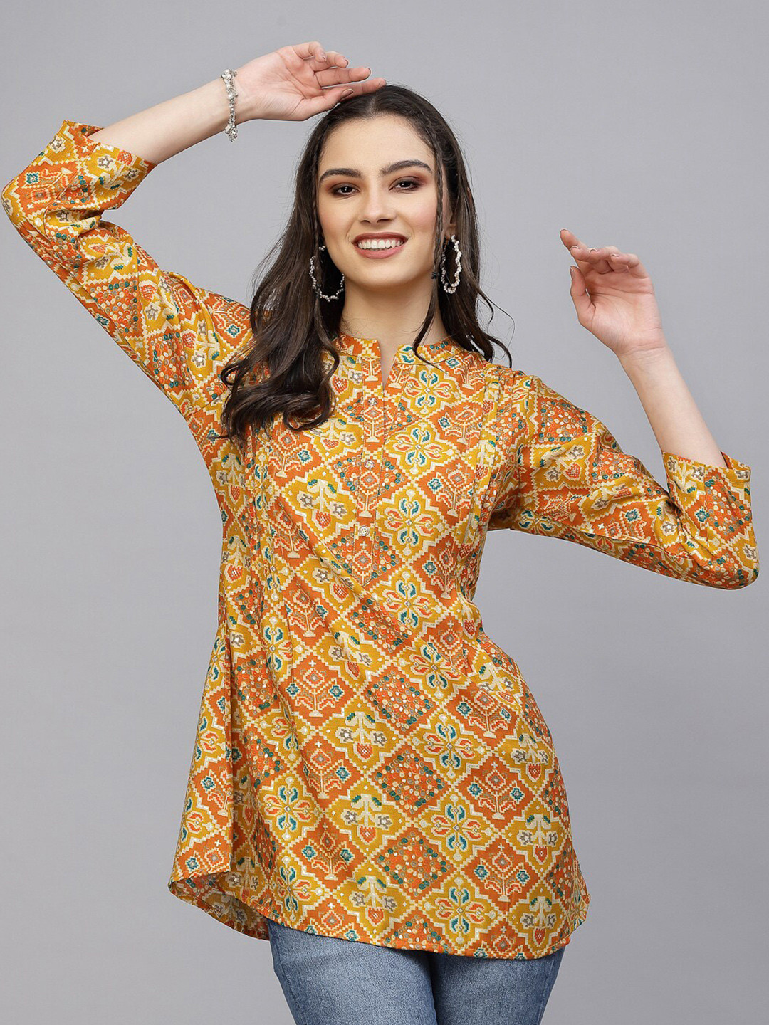 Buy Sangria Geometric Printed Mandarin Collar Three Quarter Sleeves ...