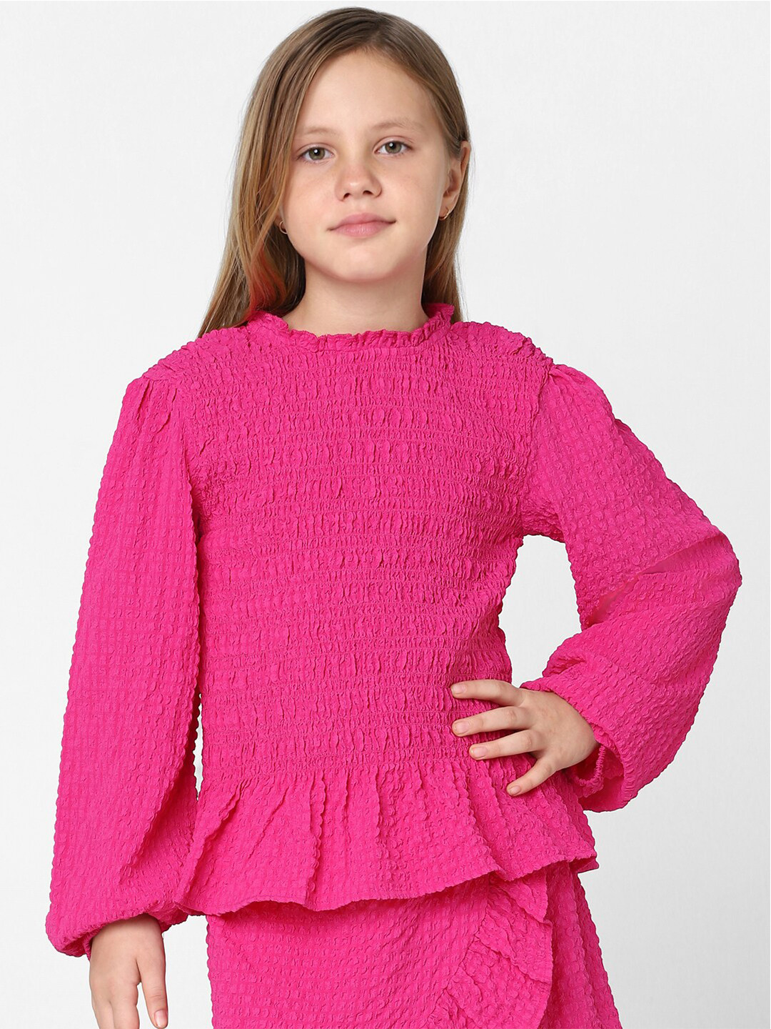 Buy KIDS ONLY Girls Self Design Puff Sleeves Smocked Peplum Top - Tops ...