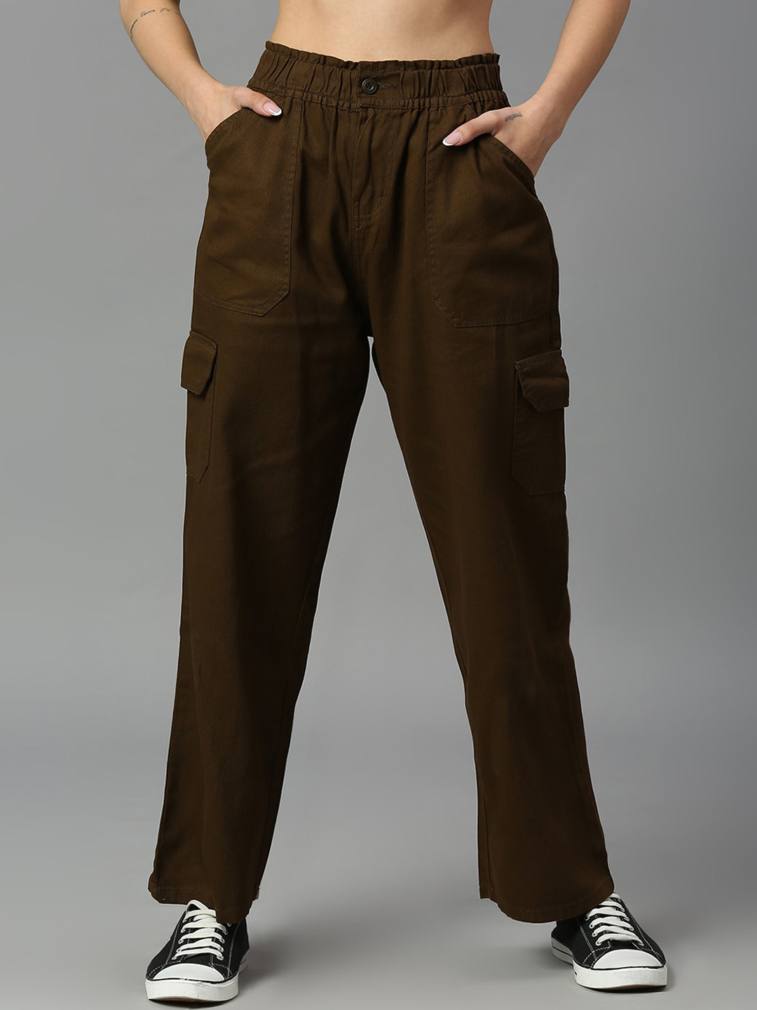 Buy High Star Women Cotton Straight Fit High Rise Cargos Trousers ...