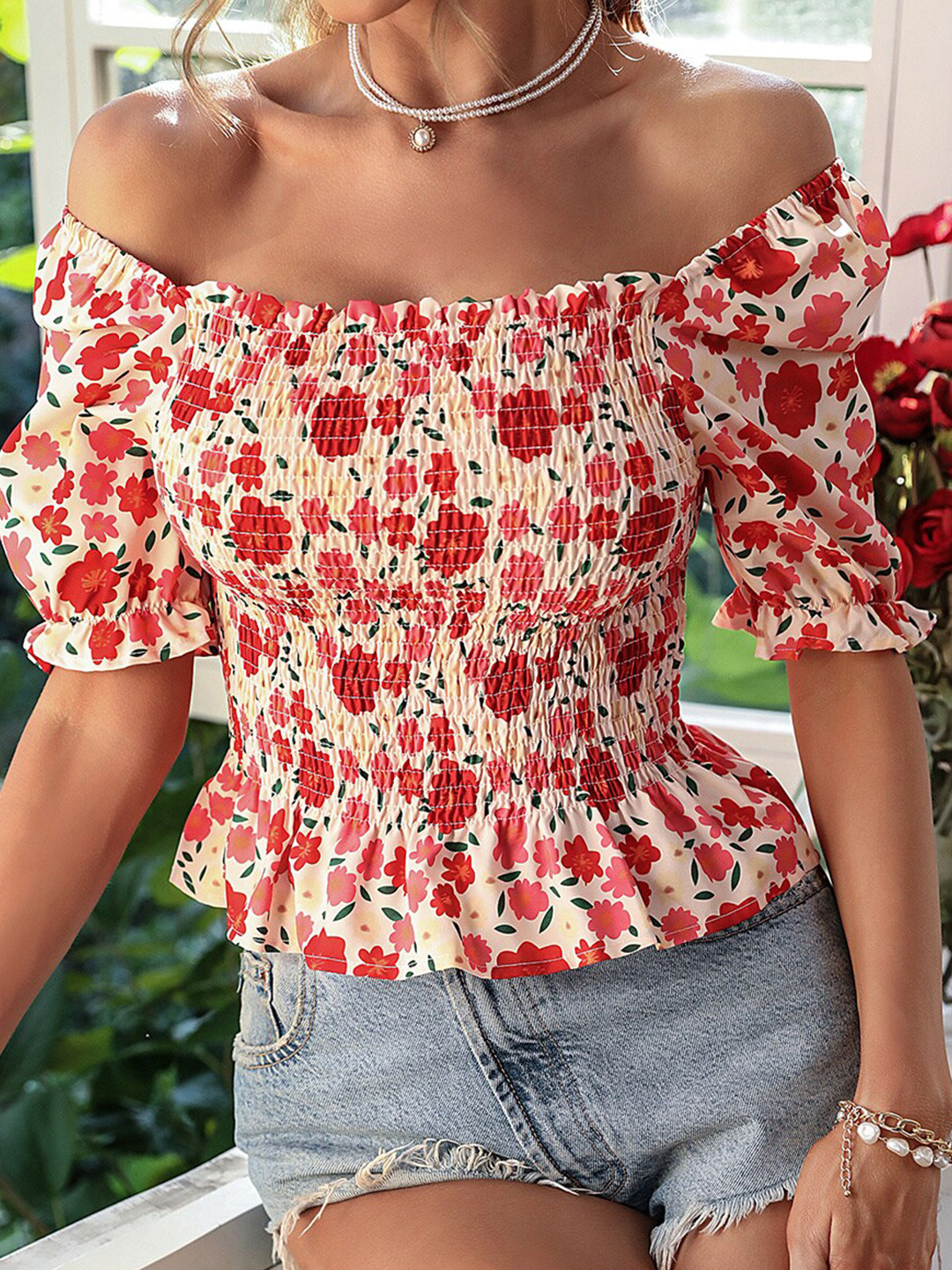Buy BoStreet Floral Print Off Shoulder Puff Sleeve Bardot Top - Tops ...
