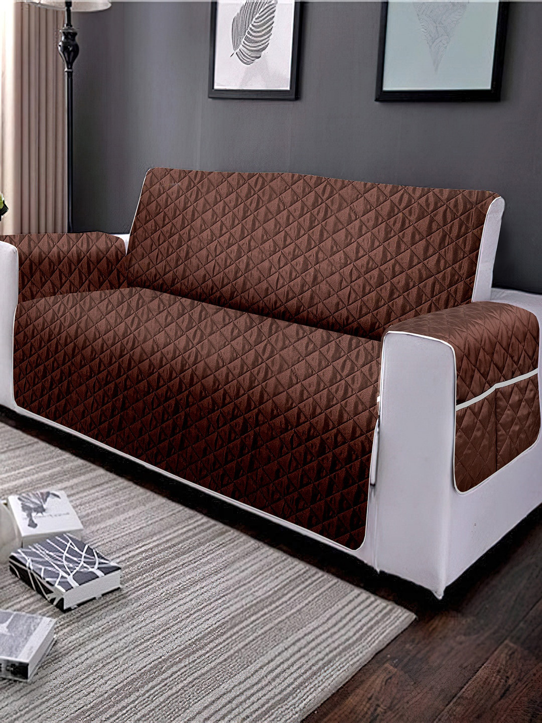 Buy Cortina Brown & Navy Blue Quilted Three Seater Reversible Sofa ...