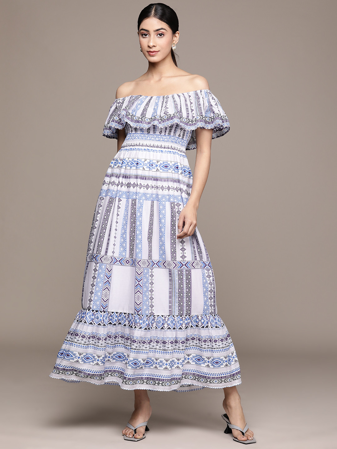 Buy Label Ritu Kumar Print Off Shoulder Flared Sleeves Fit & Flare Maxi ...