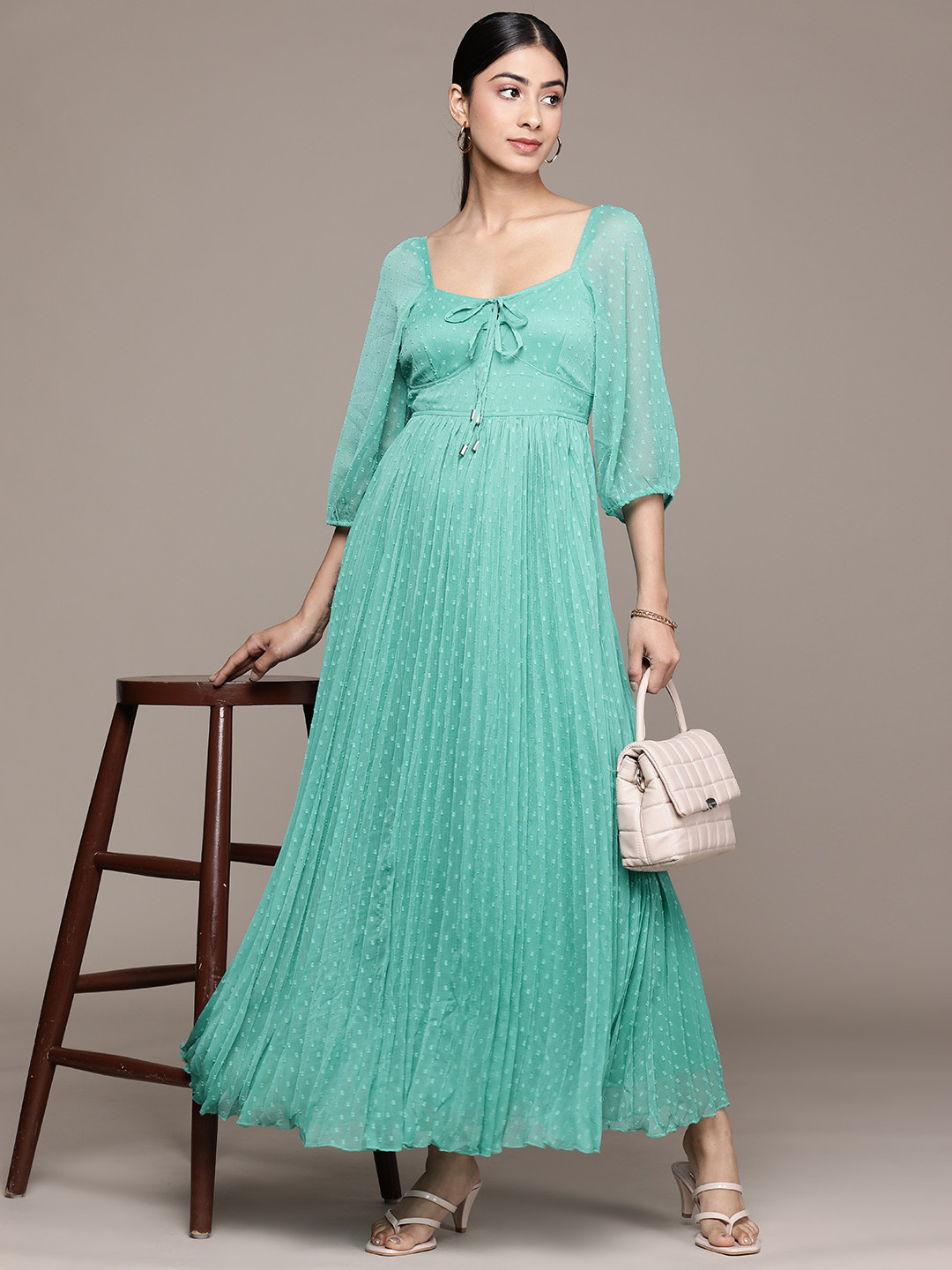 Buy Label Ritu Kumar Accordion Pleated Tie Up Neck Puff Sleeves Chiffon ...