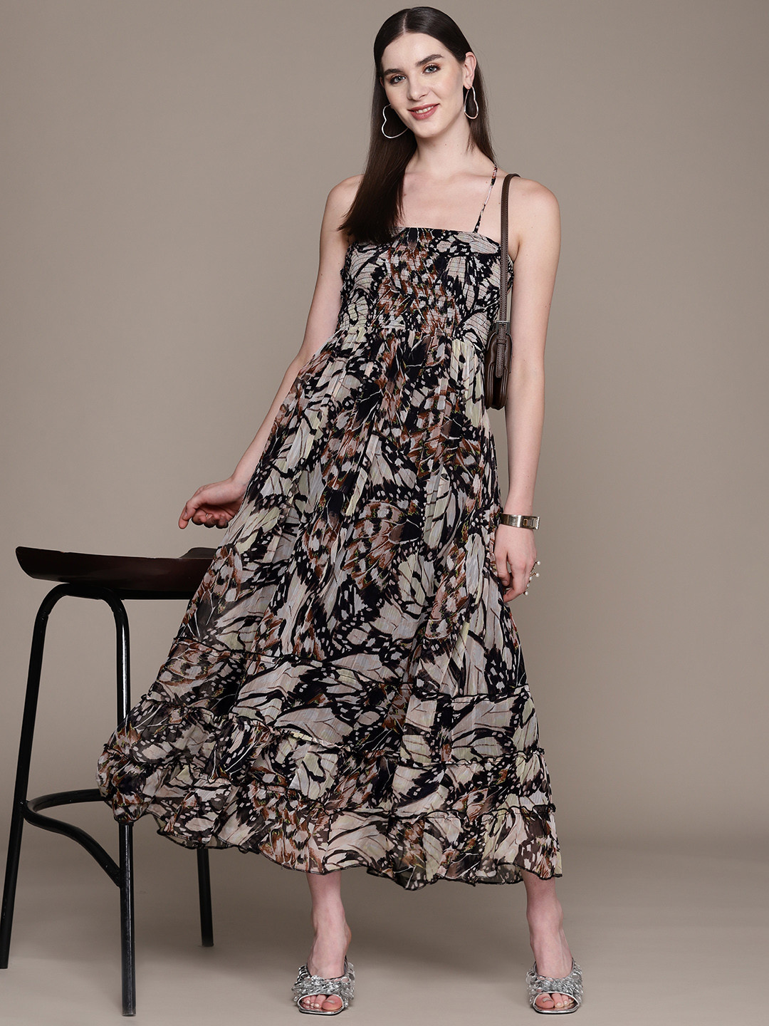 Buy Label Ritu Kumar Print Halter Neck Chiffon Fit & Flare Maxi Dress ...