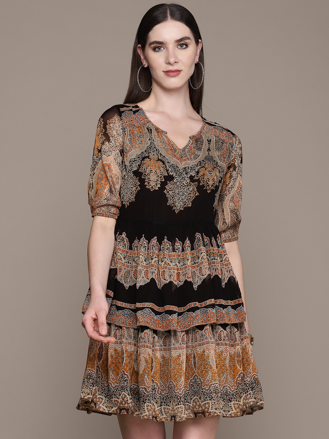 Buy Label Ritu Kumar Ethnic Motifs Print Puff Sleeve Layered Georgette ...