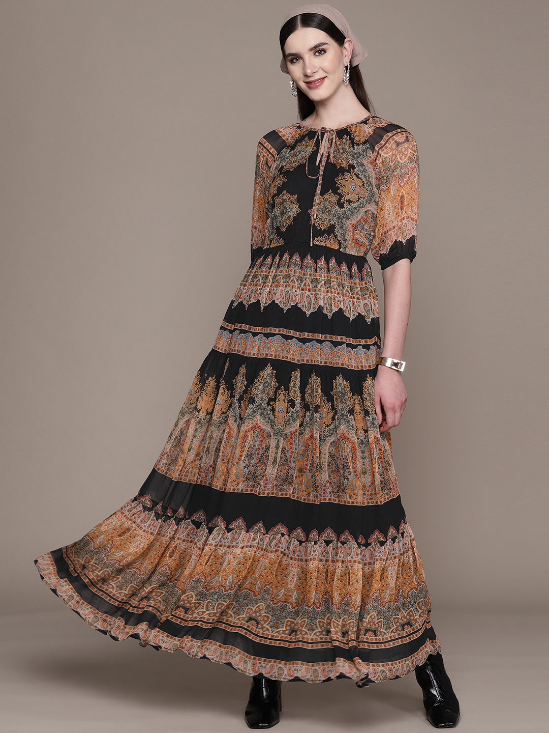 Buy Label Ritu Kumar Ethnic Motifs Print Tie Up Neck Puff Sleeve ...