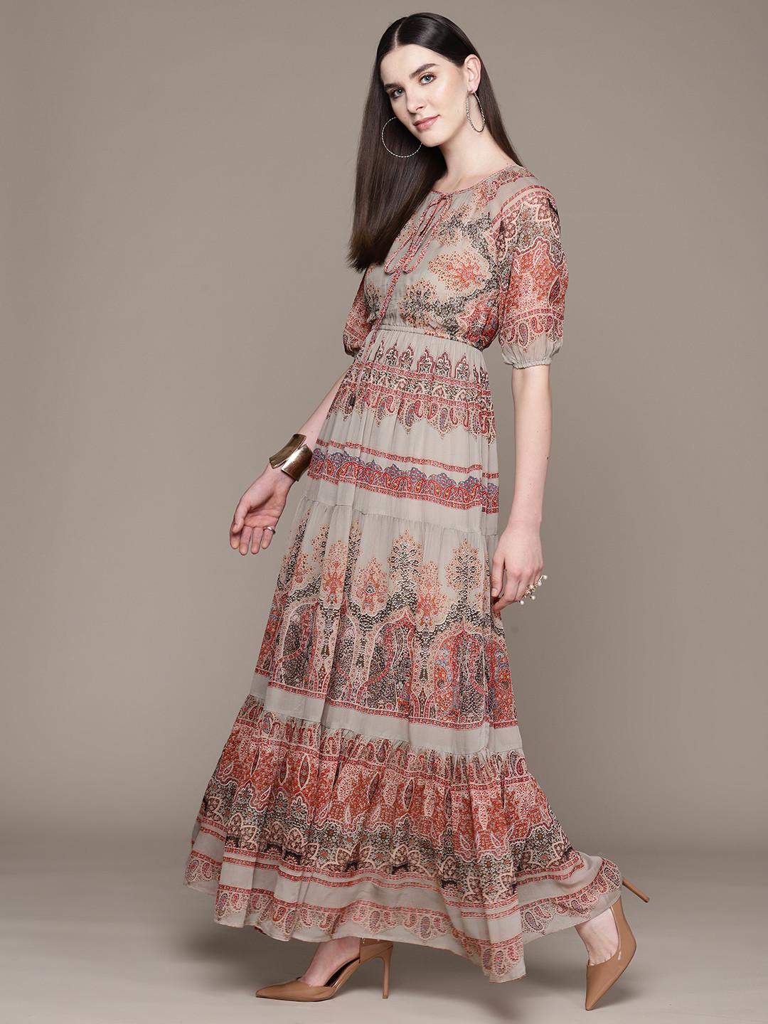 Buy Label Ritu Kumar Ethnic Motifs Print Tie Up Neck Puff Sleeve ...