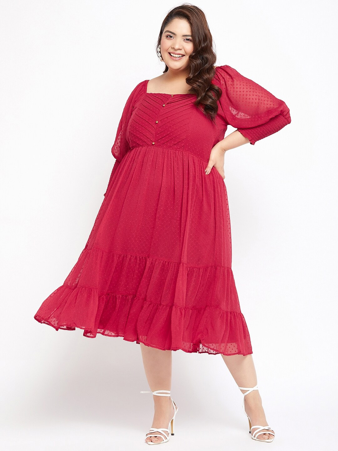 Buy Antheaa Curve Puff Sleeve Chiffon Empire Midi Dress Dresses For