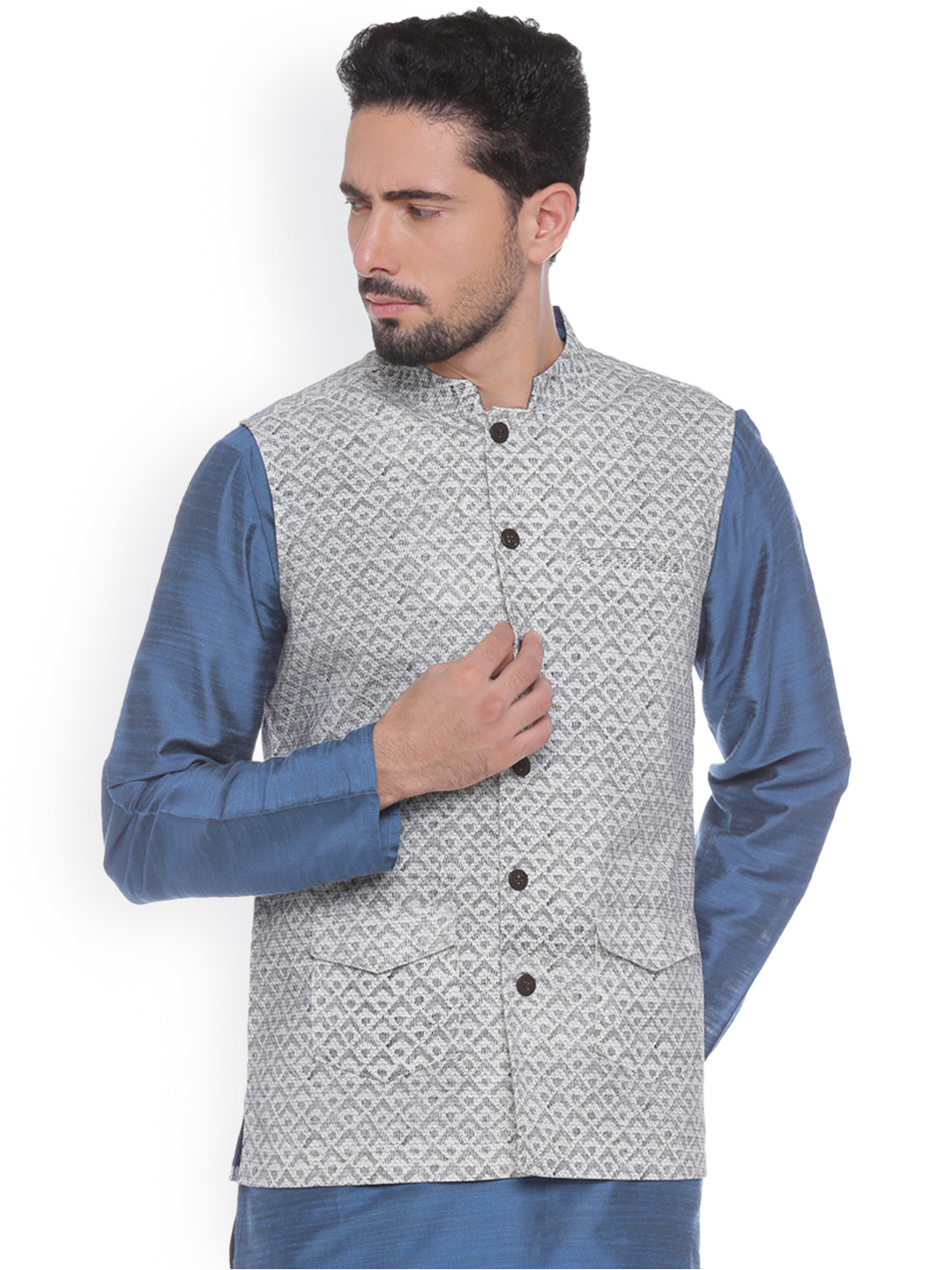 Buy Indus Route By Pantaloons Grey Woven Design Pure Cotton Nehru ...