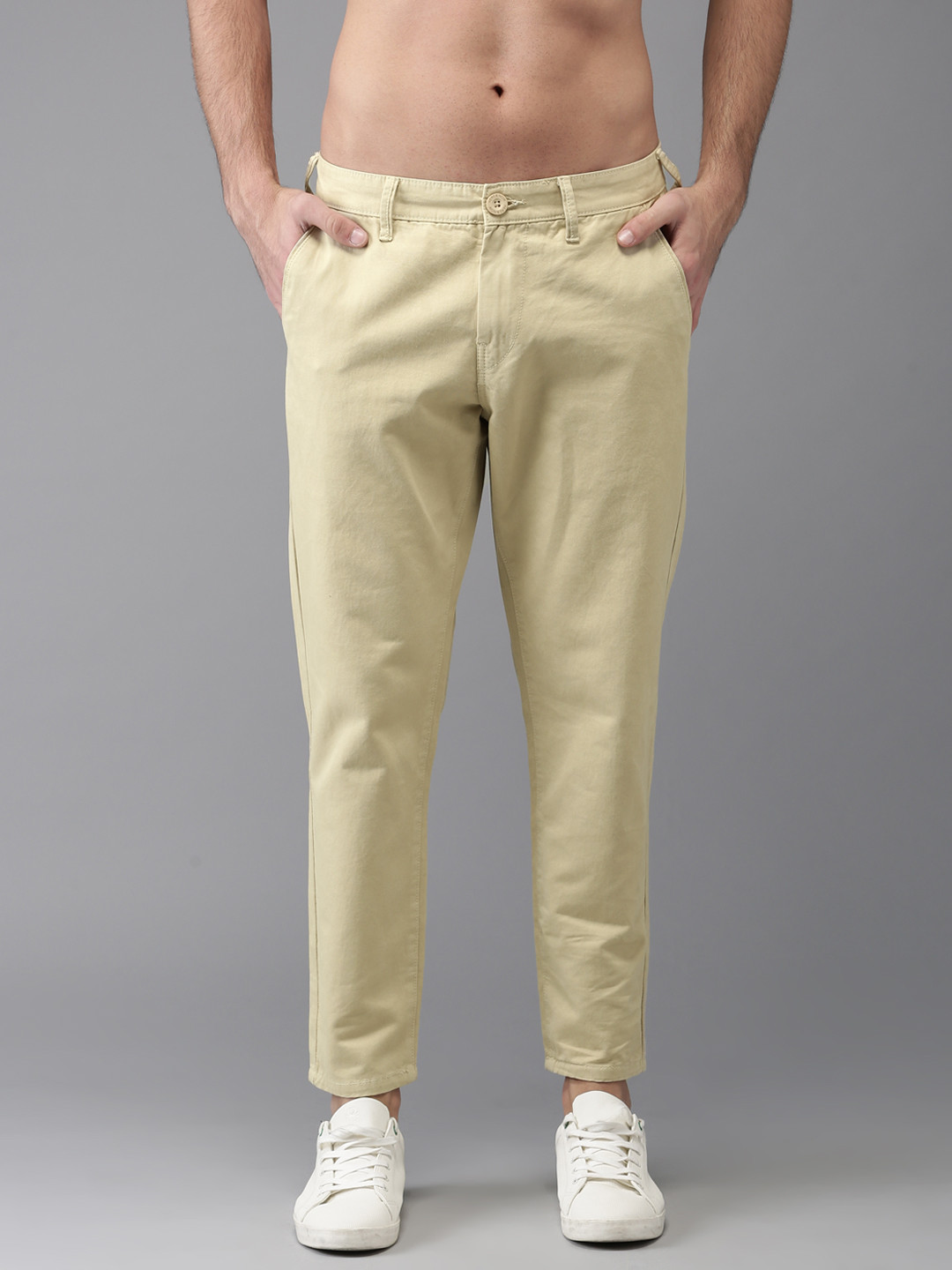 Buy HERE&NOW Men Beige Slim Fit Solid Cropped Chinos - Trousers for Men ...