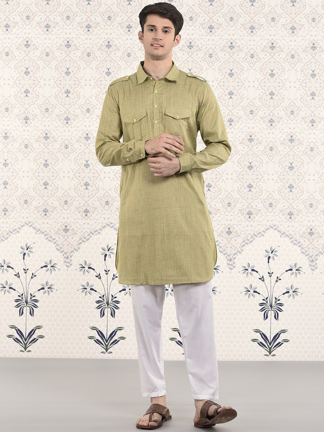 Buy Ode By House Of Pataudi Shirt Collar Pathani Kurta With Pyjamas ...
