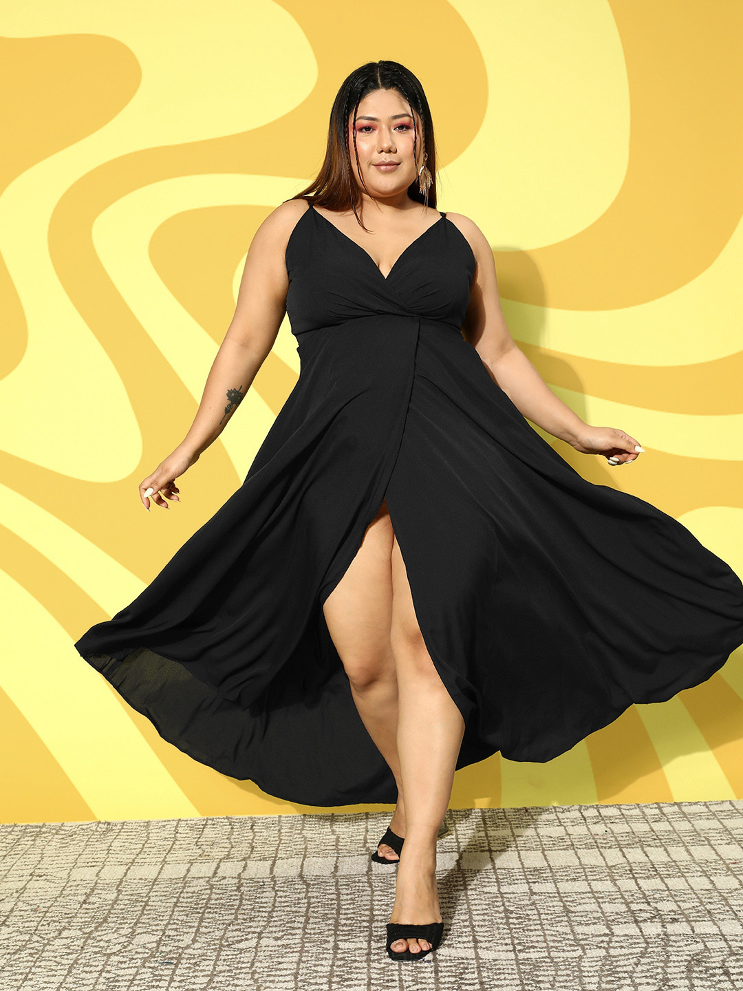 Buy Berrylush Curve Plus Size Solid Shoulder Straps Crepe Maxi Dress ...