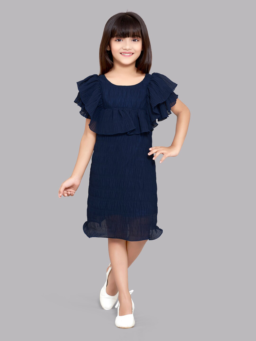 Buy Pink Chick Navy Blue Flutter Sleeve Georgette A Line Dress ...