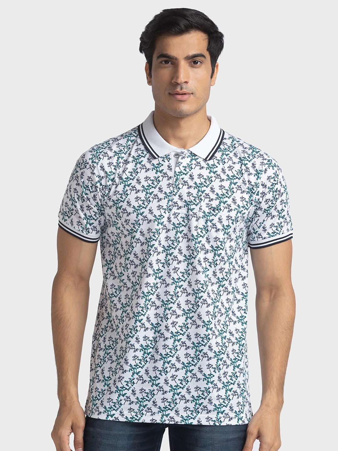 Buy ColorPlus Floral Printed Polo Collar Pure Cotton Slim Fit T Shirt ...