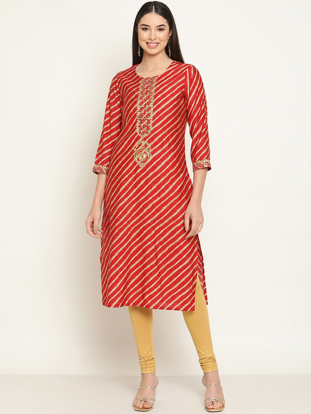 Buy Be Indi Women Round Neck Leheriya Straight Chanderi Silk Side Slits ...