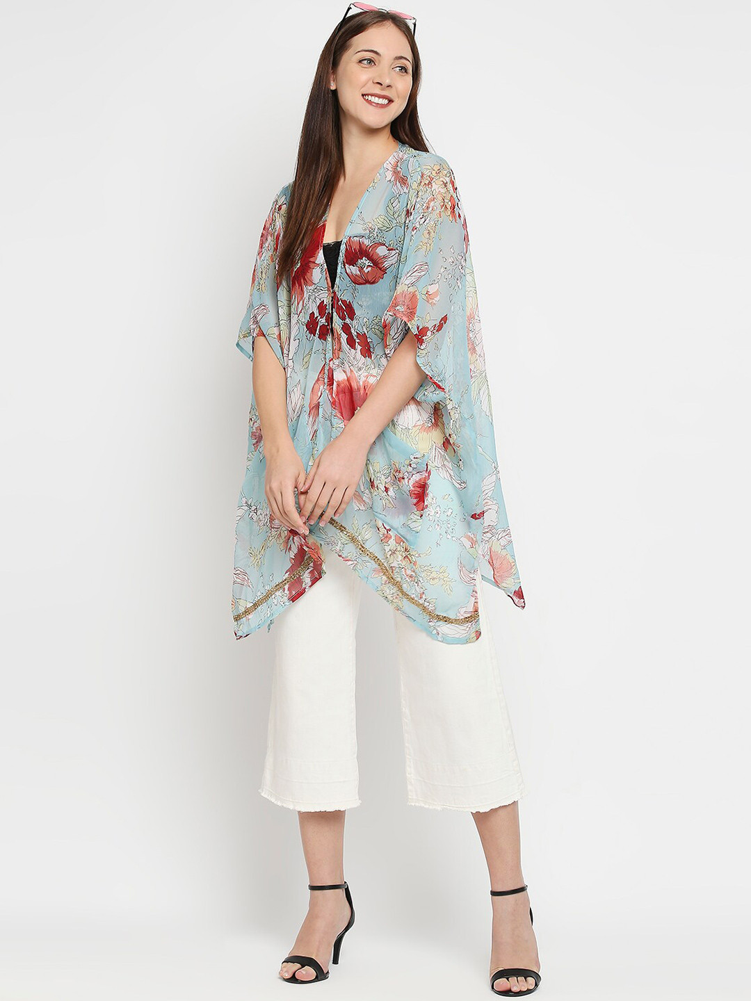 Buy BELLEZIYA Floral Printed Open Front Flared Sleeves Shrug - Shrug ...