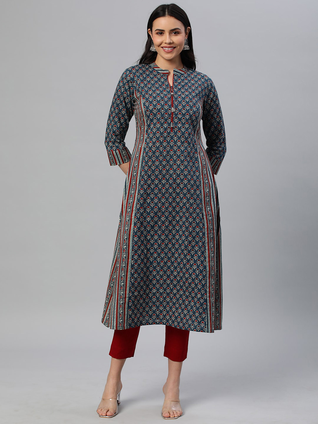 Buy KAMI KUBI Floral Printed Panelled A Line Pure Cotton Kurta - Kurtas ...
