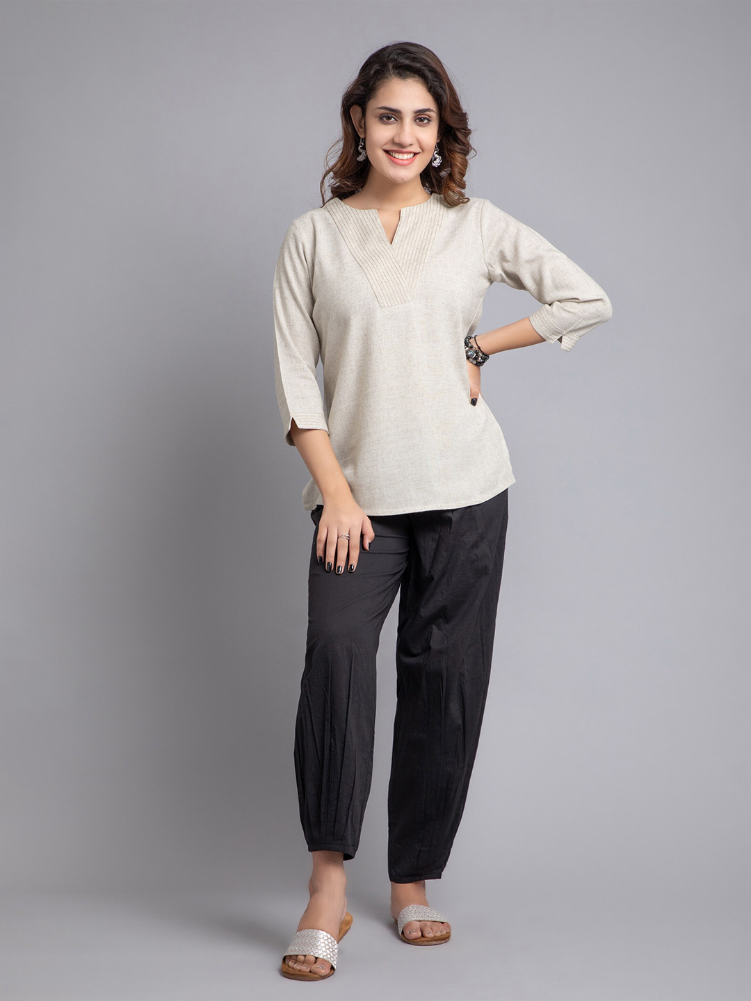 Buy SUTI Grey Mandarin Collar Embroidered Cotton Top - Tops for Women ...