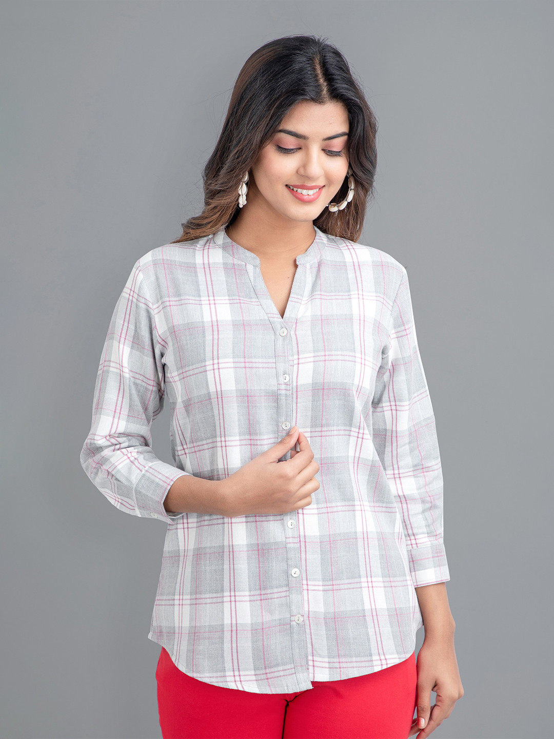 Buy SUTI Checked Mandarin Collar Cotton Shirt Style Top - Tops for ...