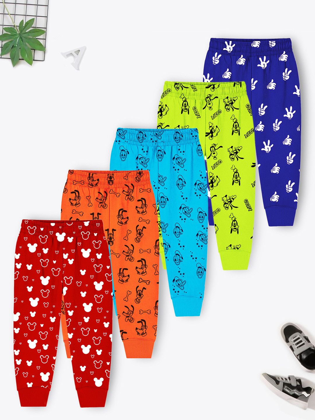 Buy YK Disney Boys Pack Of 5 Mickey & Friends Printed Cotton Joggers ...